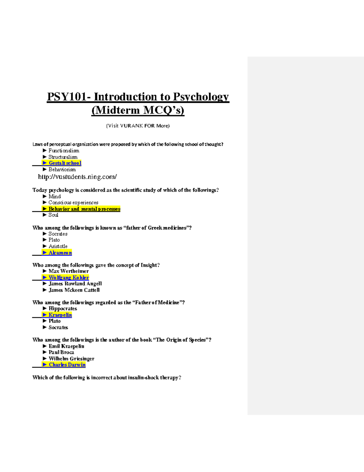 PSY101 MId term solved MCQS downloaded from vurank - PSY101- Introduction to Psychology (Midterm ...