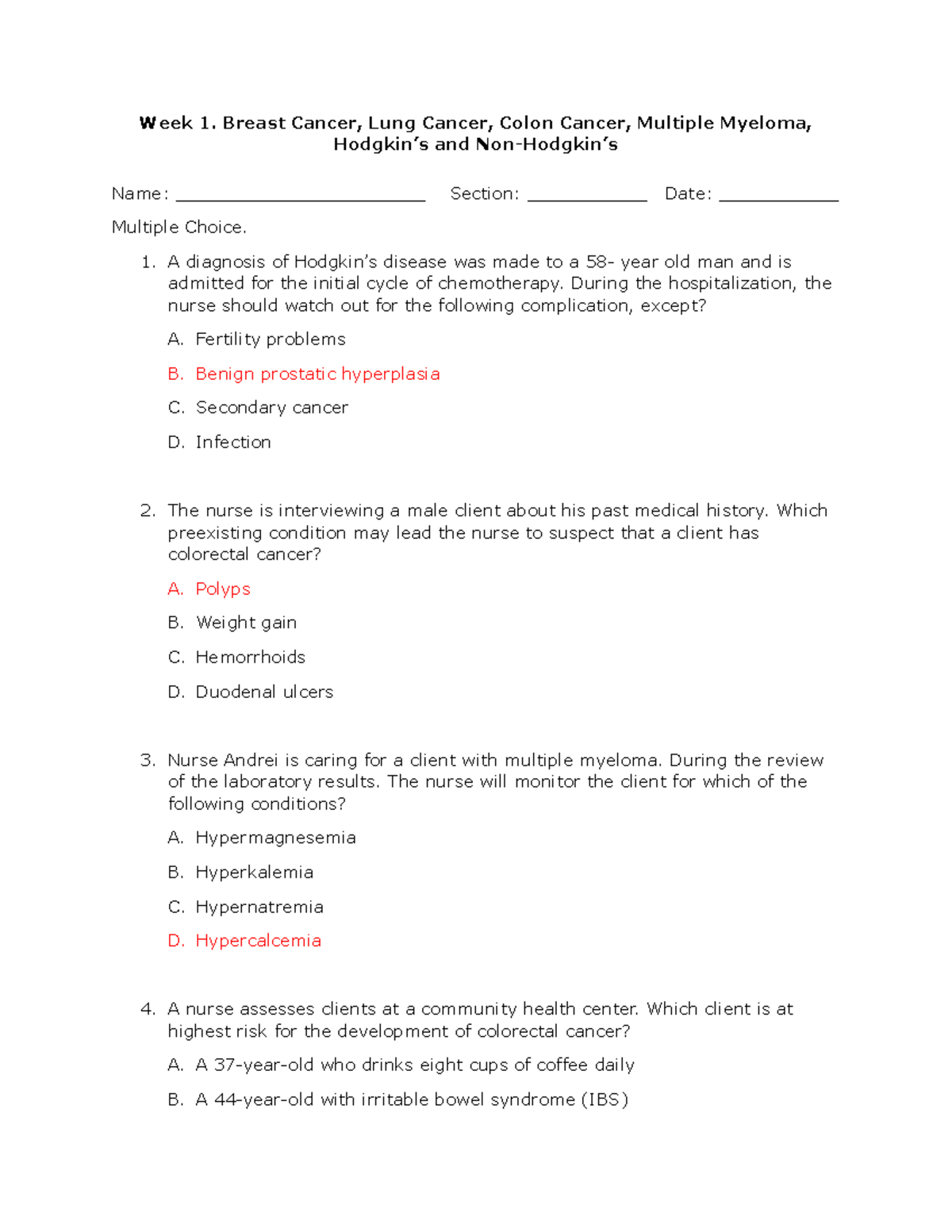 Quiz 13 Breast Cancer - Week 1. Breast Cancer, Lung Cancer, Colon ...