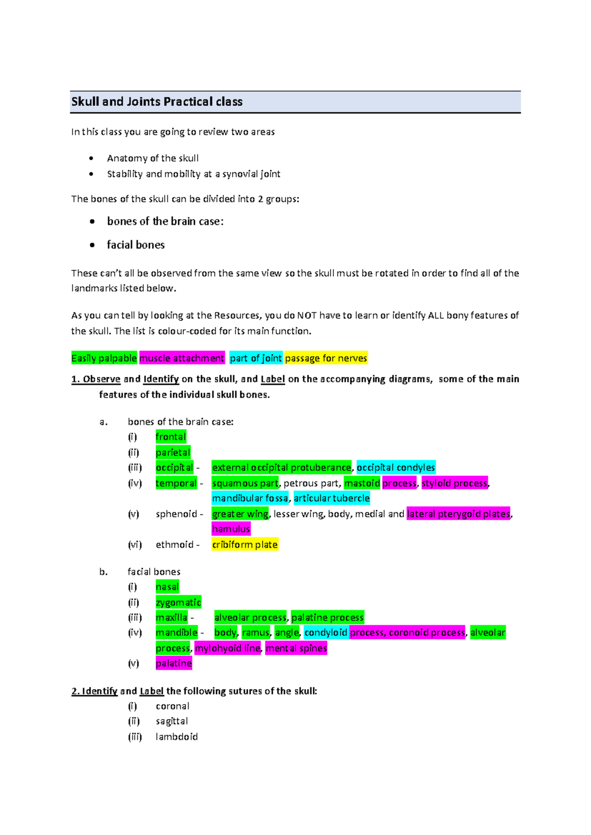 Skull and Joints Prac-Tutorial class student - Skull and Joints ...