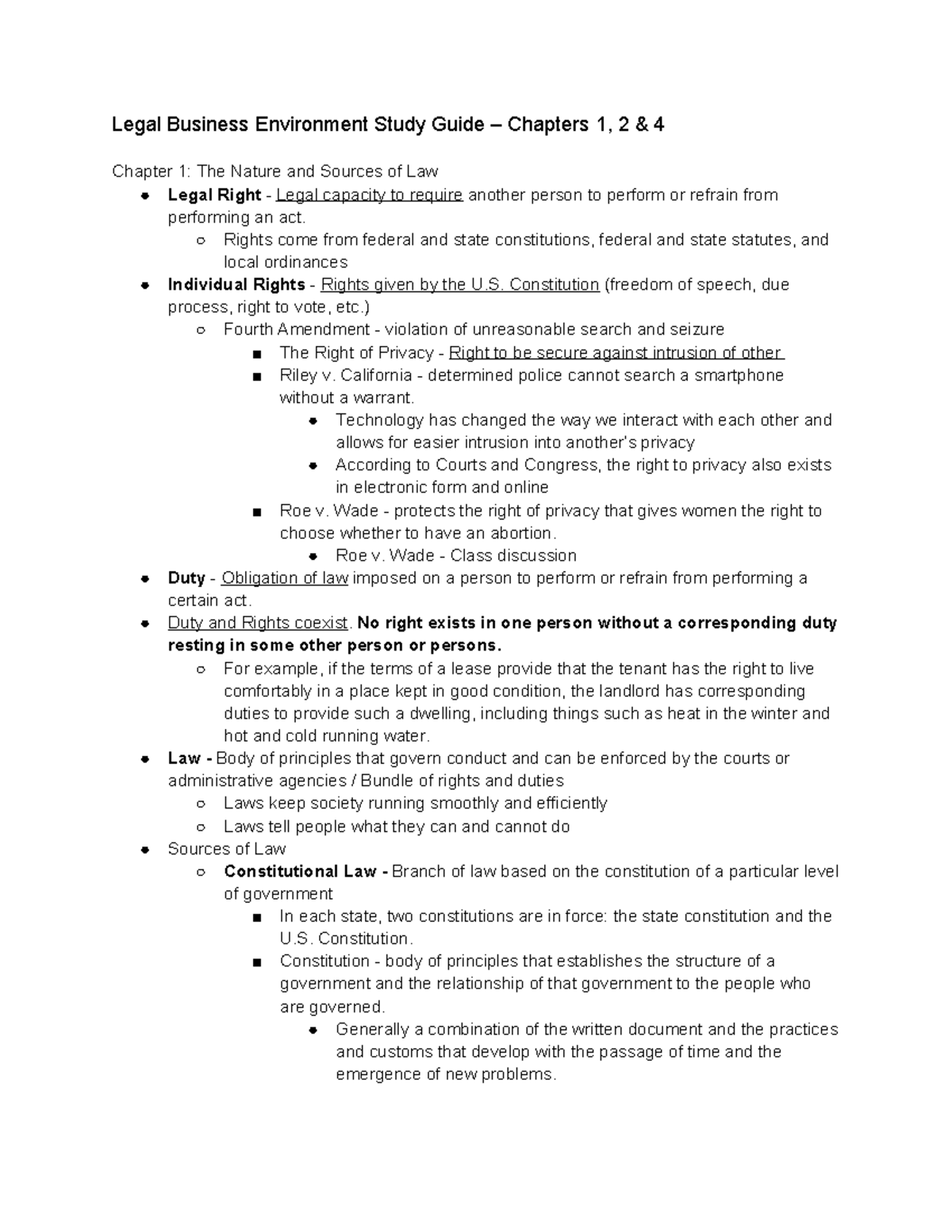Legal Business Environment Study Guide – Chapters 1, 2 & 4 - Legal ...