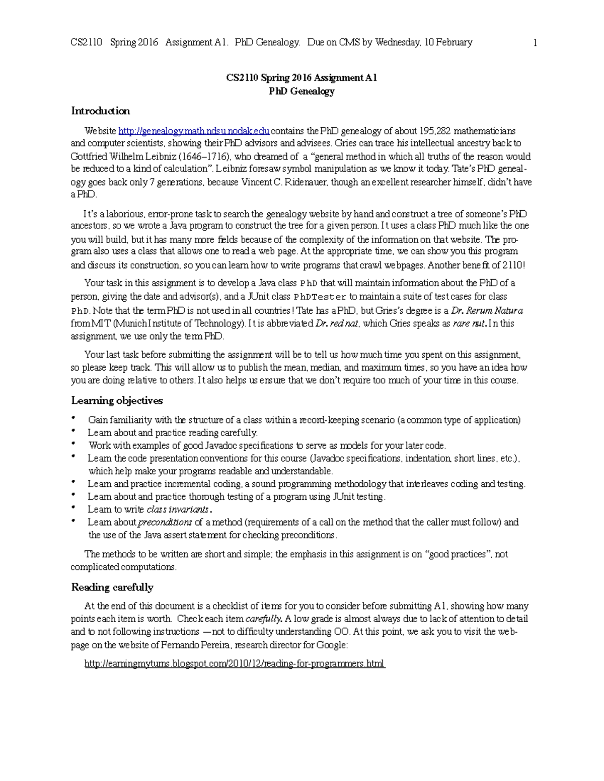 Seminar assignments - Assignment a0 - a3 - CS2110 Spring 2016 Assignment A1. PhD Genealogy. Due ...
