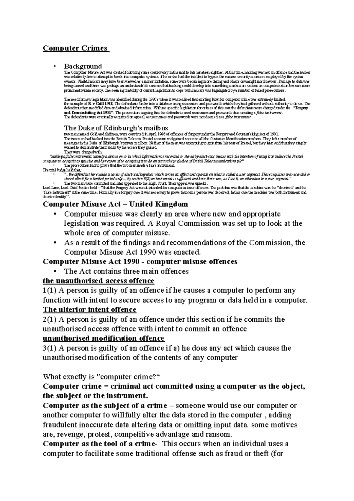 Computer crimes note - Computer Crimes Background The Computer Misuse ...