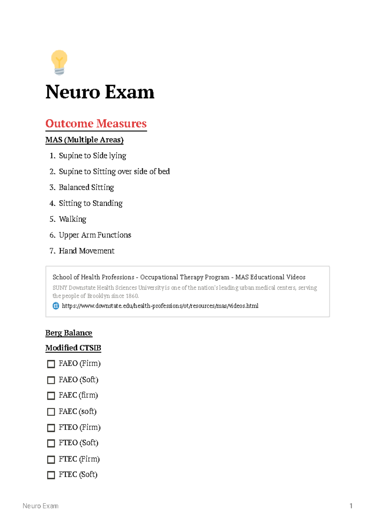 Outcome Measures Checklist PHS318 2020 - 💡 Neuro Exam Outcome Measures ...