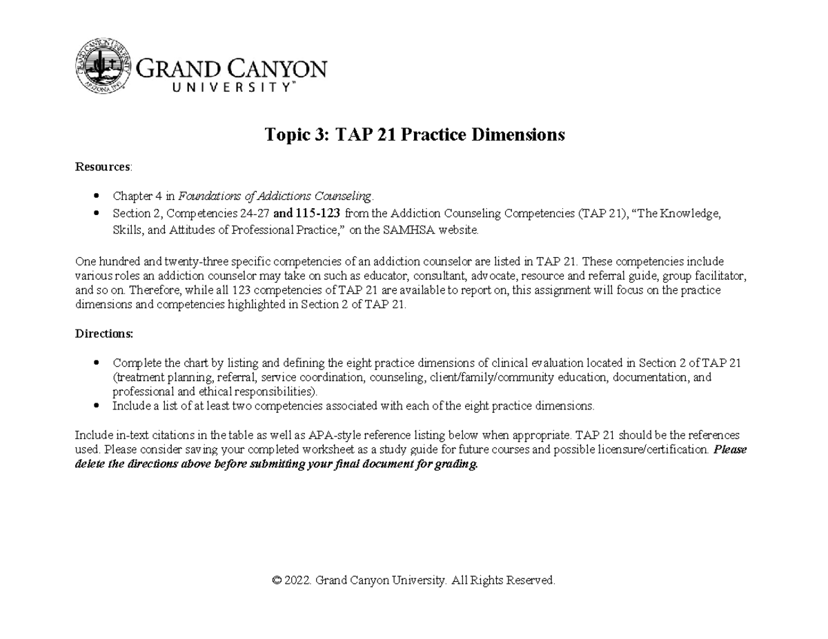 TAP 21 Practice Dimensions (Obj. 3.1, 3.3, and 3.4) - Topic 3: TAP 21 ...
