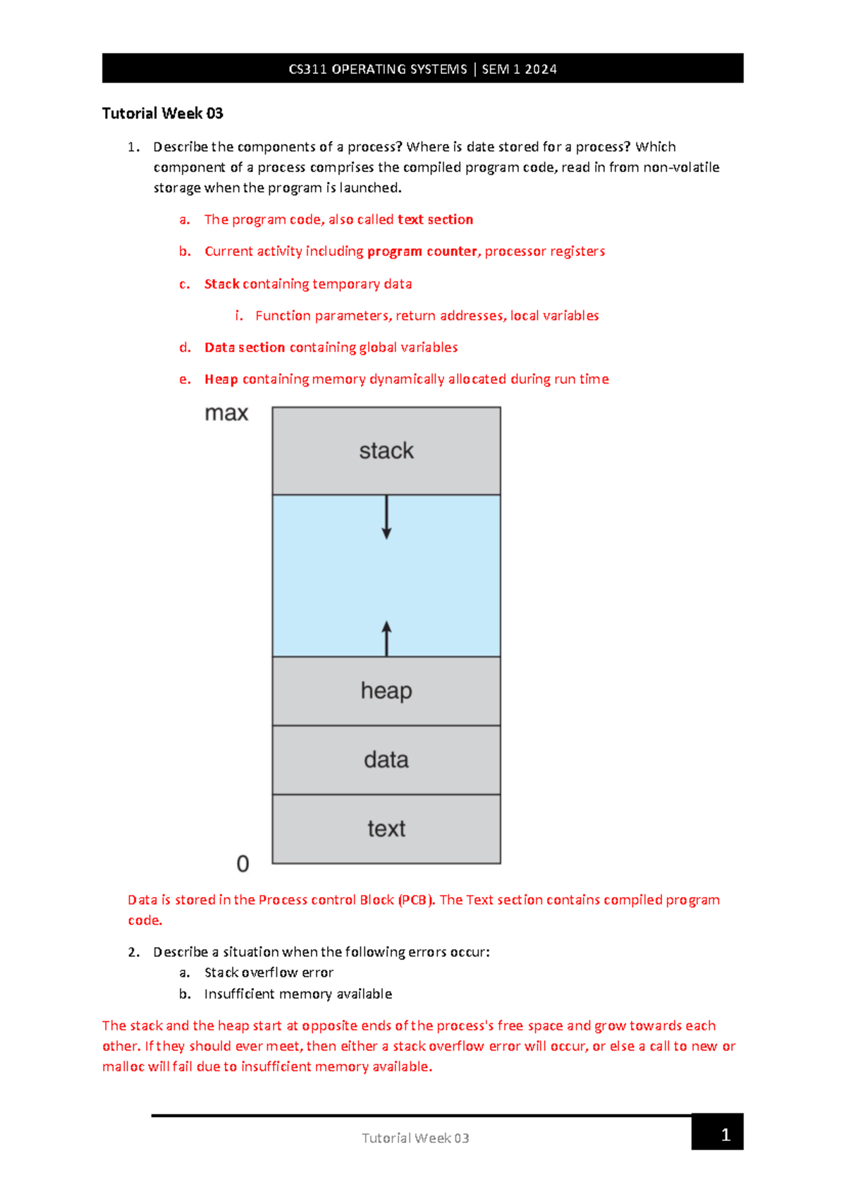 Tutorial Week 03 Solution - Tutorial Week 0 3 Describe the components of a process? Where is ...