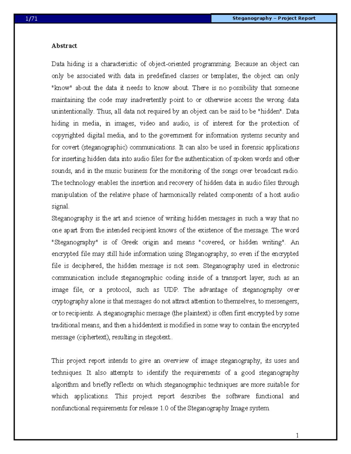 Steganography Image project report - Abstract Data hiding is a characteristic of object-oriented ...
