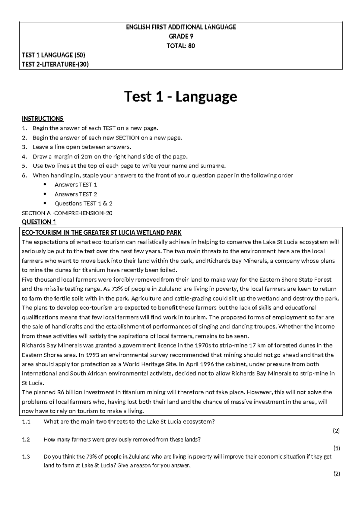 EFAL GR 9 SEPT 2012 T1 & T2 - ENGLISH FIRST ADDITIONAL LANGUAGE GRADE 9 ...