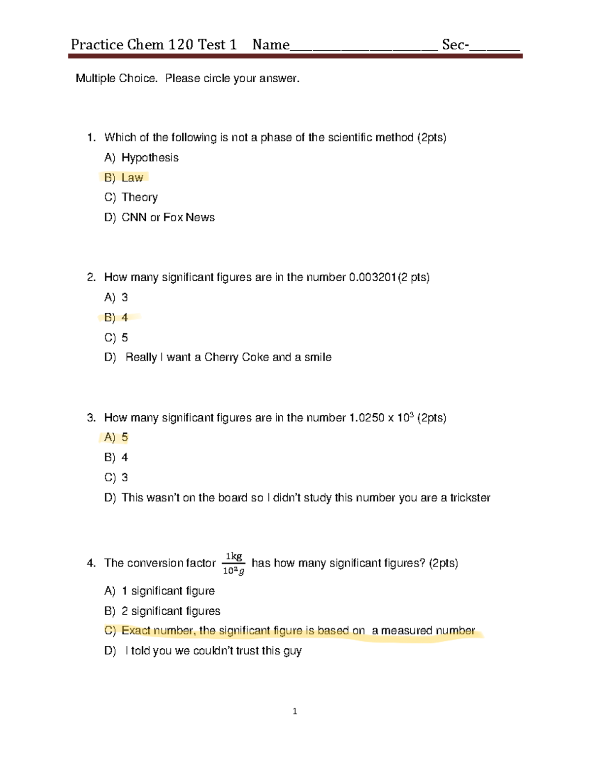 Significant Figures Practice Test 1 (Chemistry 101) - Multiple Choice ...