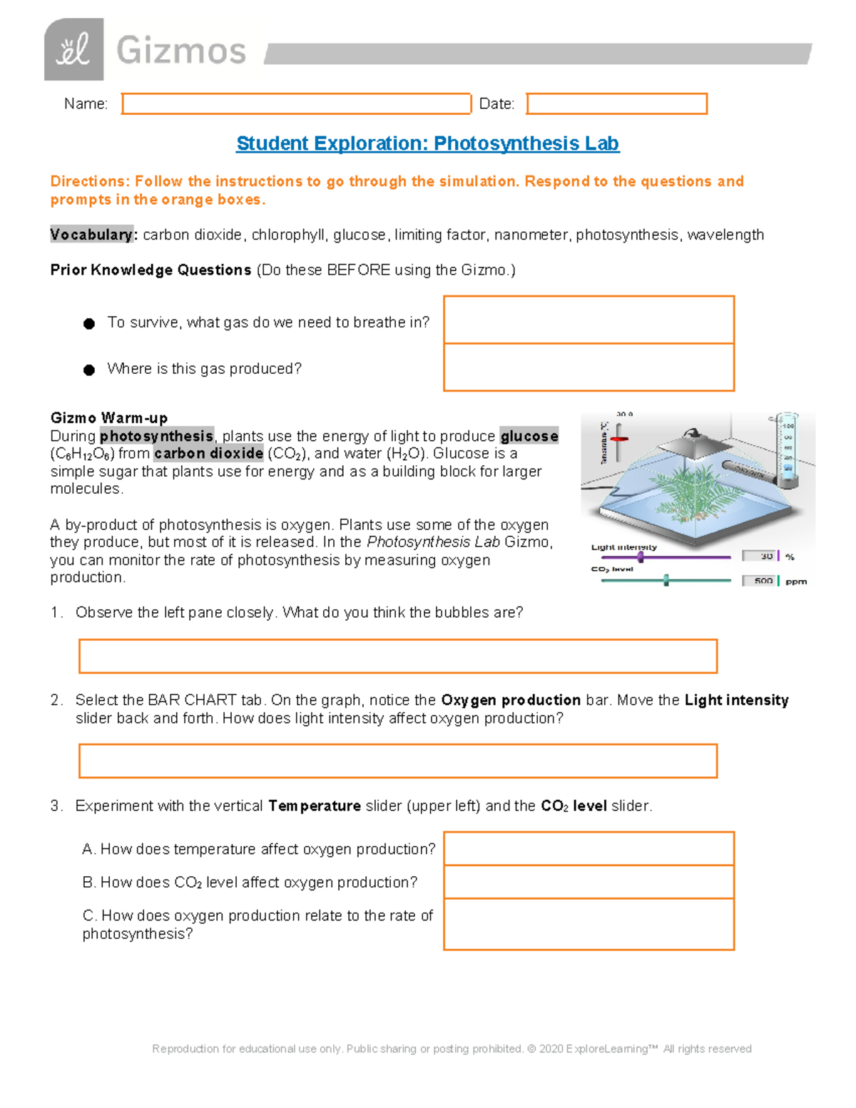 Copy of Photosynthesis Lab SE - Name: Date: Student Exploration ...