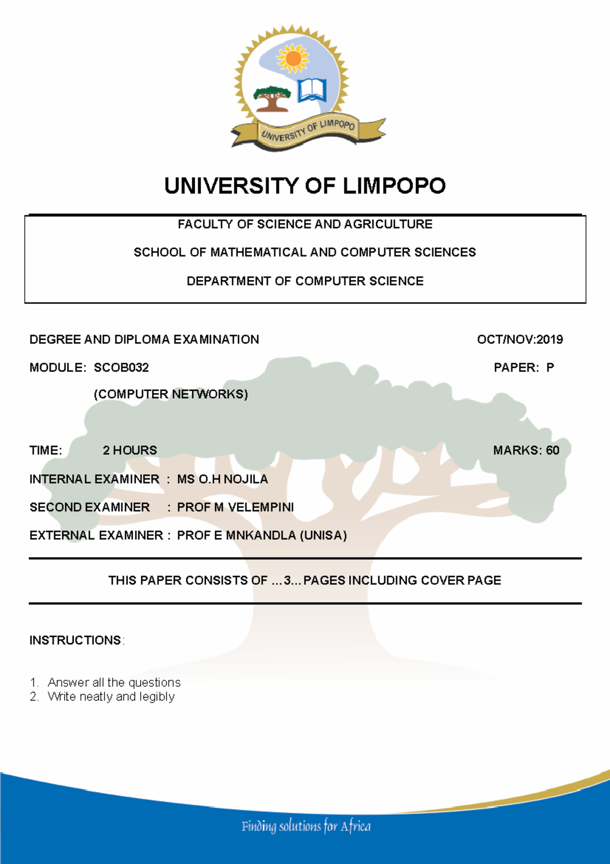 2019 EXAM - University of limpopo previous question paper, written 2019 ...