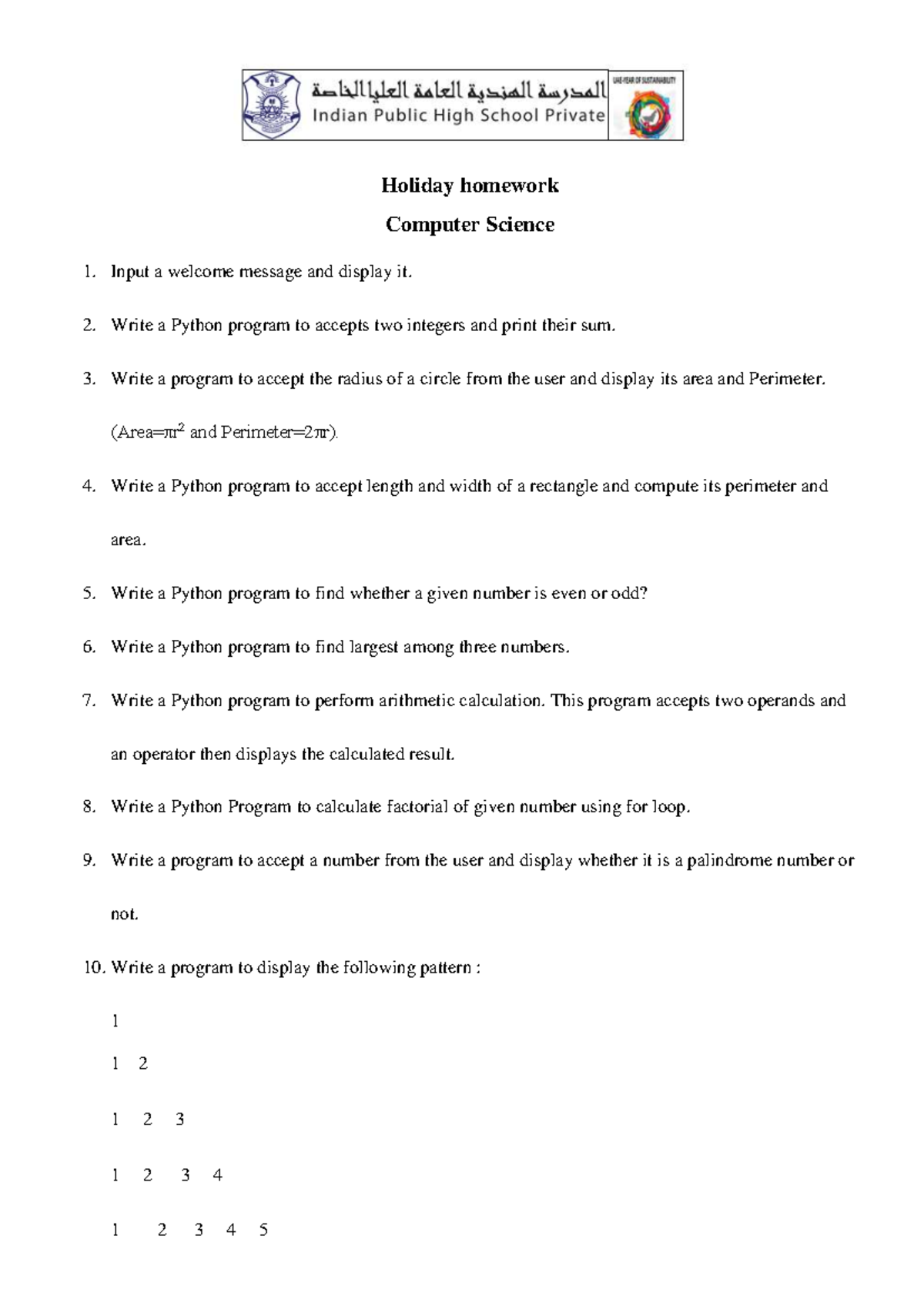 Class XI Computer Science Holiday Homework - Holiday homework Computer Science 1. Input a ...