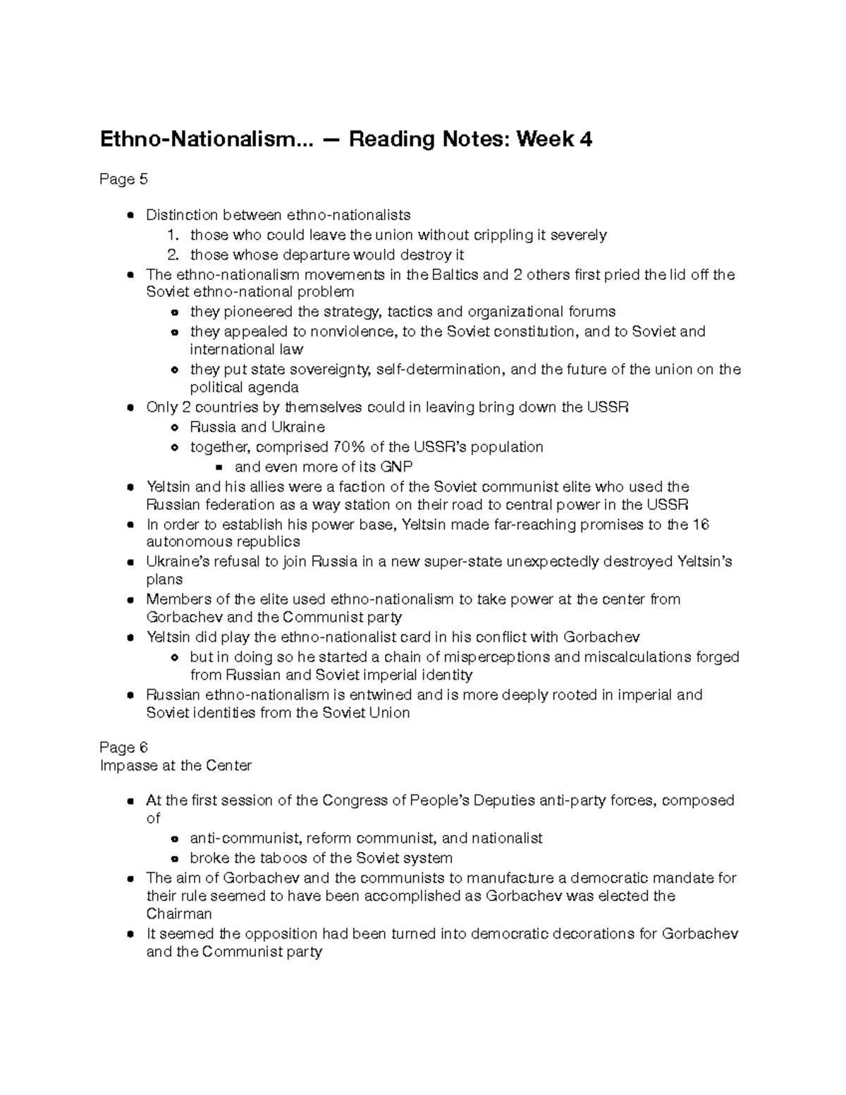 Pol Sci 156A - Ethno-Nationalism - Reading Notes - Ethno-Nationalism ...