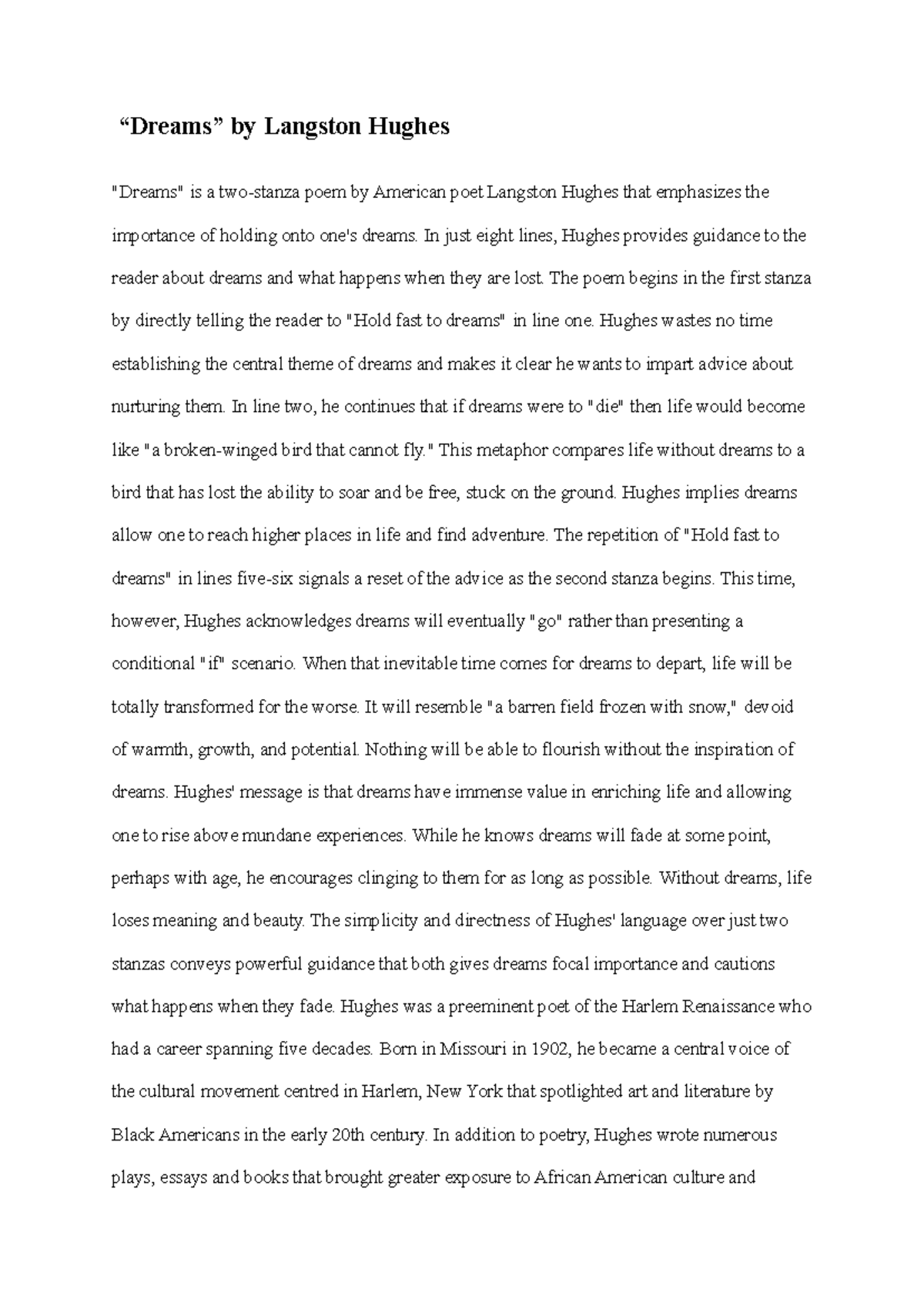 Dreams by Langston Hughes - “Dreams” by Langston Hughes "Dreams" is a ...