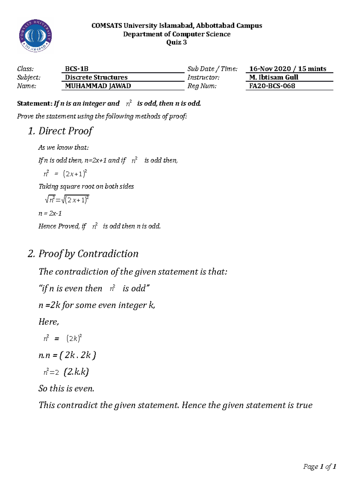 Quiz 18 November 2020, questions and answers - COMSATS University ...
