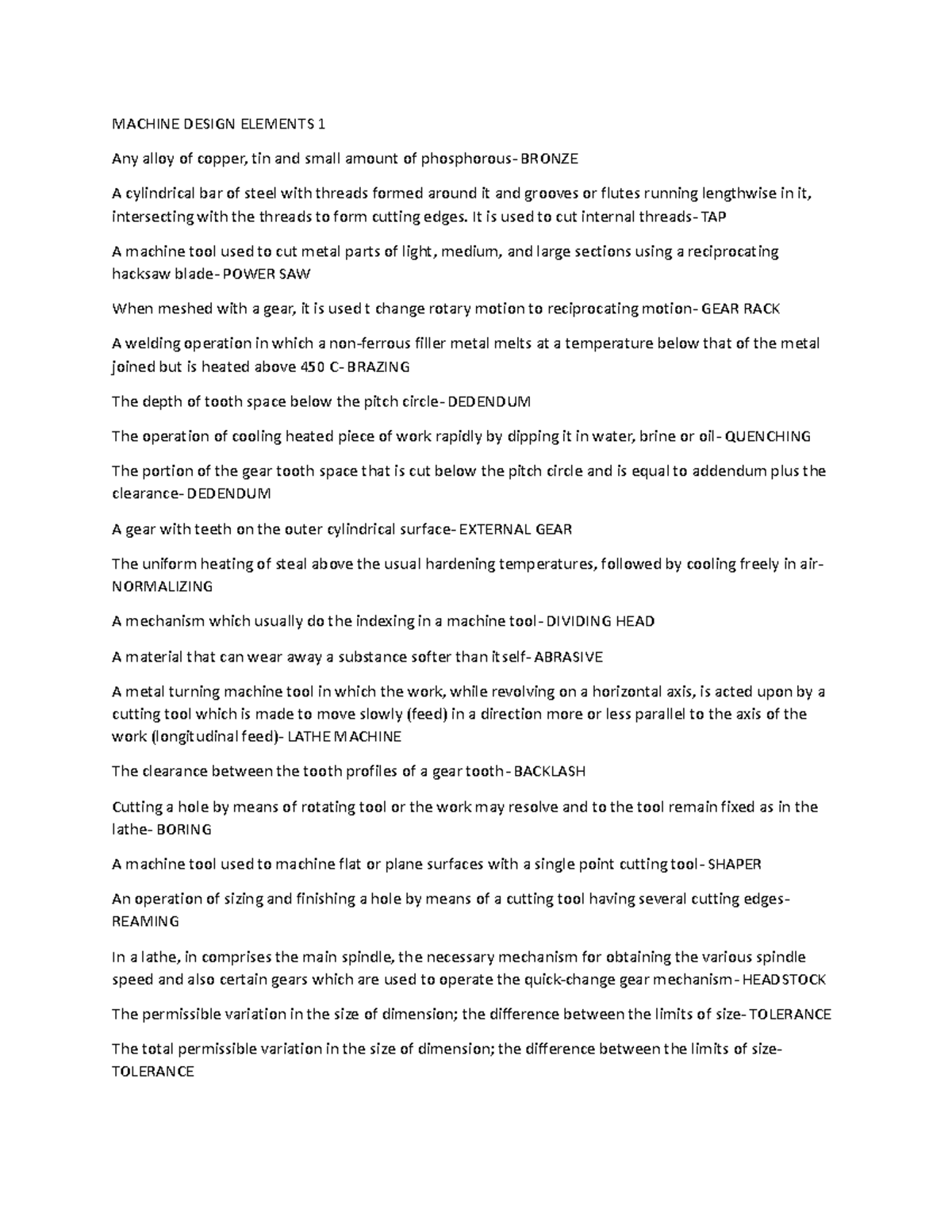 MDSP 102552 - Terms - MACHINE DESIGN ELEMENTS 1 Any alloy of copper, tin and small amount of ...