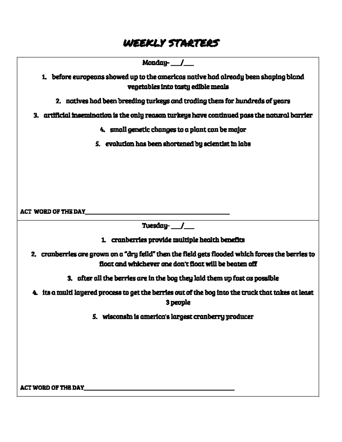 Copy of Starters Week 1 -3 - WEEKLY STARTERS Monday- / 1. before ...