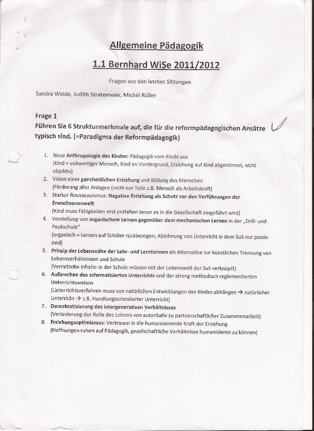 Probeklausur Wintersemester 2016/2017, Fragen und Antworten - .. _,. Allgemeine Péidagogik 1 ...