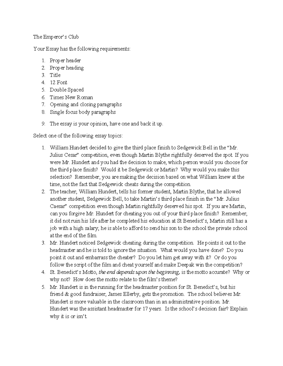 Emperors Club - The Emperor’s Club Your Essay has the following ...