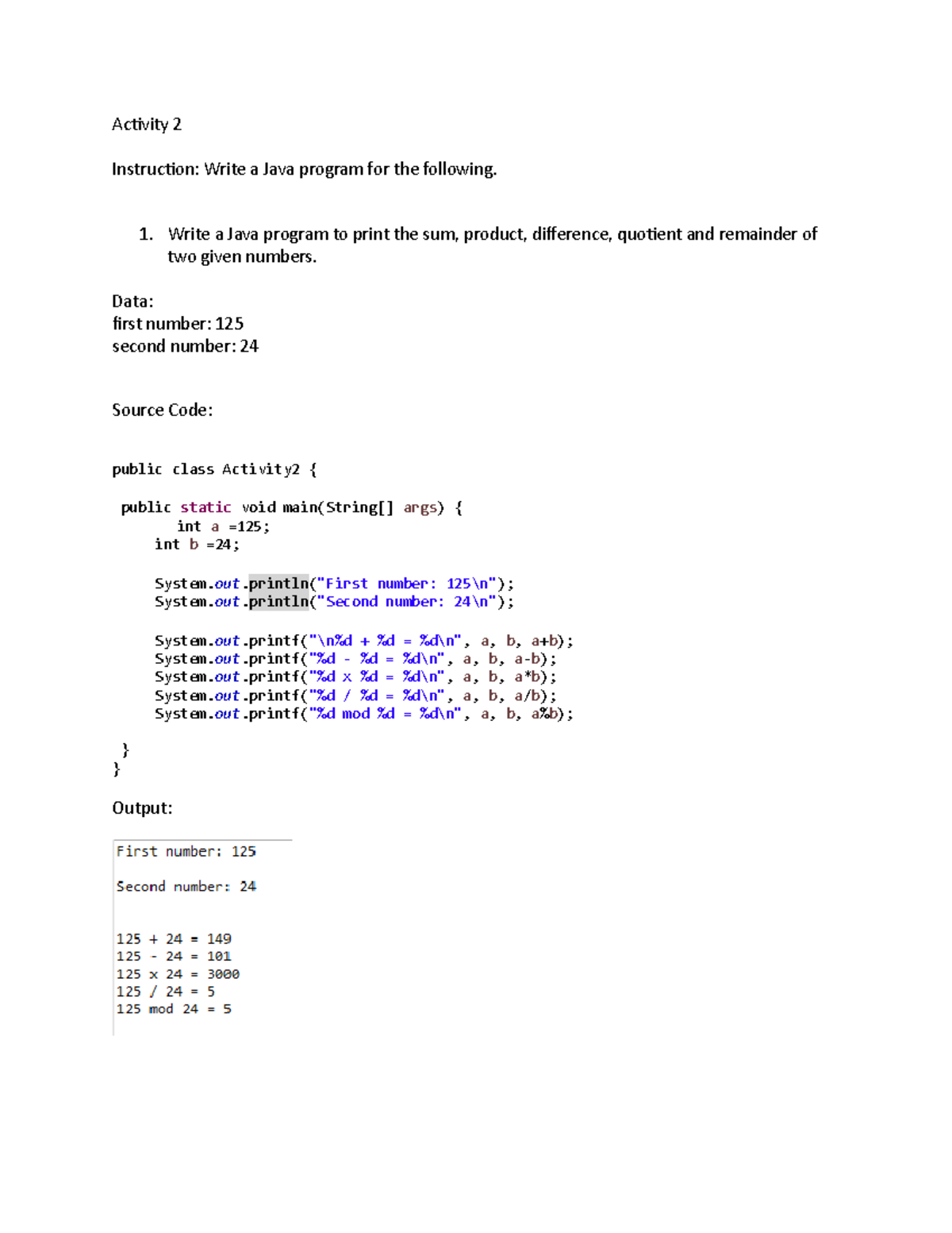 Quiray Deseree O Activity 2 Operators Activity 2 Instruction Write A Java Program For