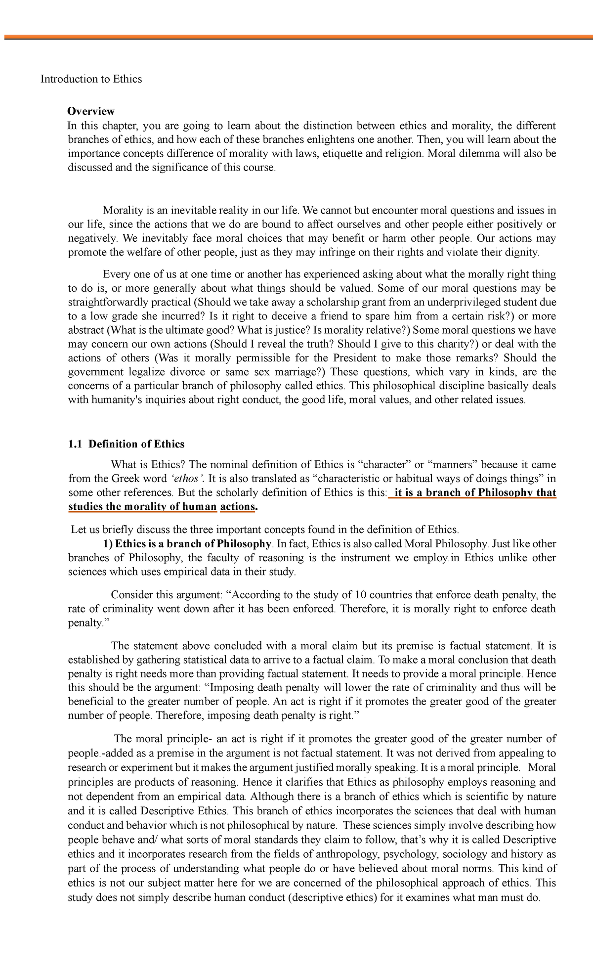 Ethics Chapter 1-2 - Introduction to Ethics Overview In this chapter ...