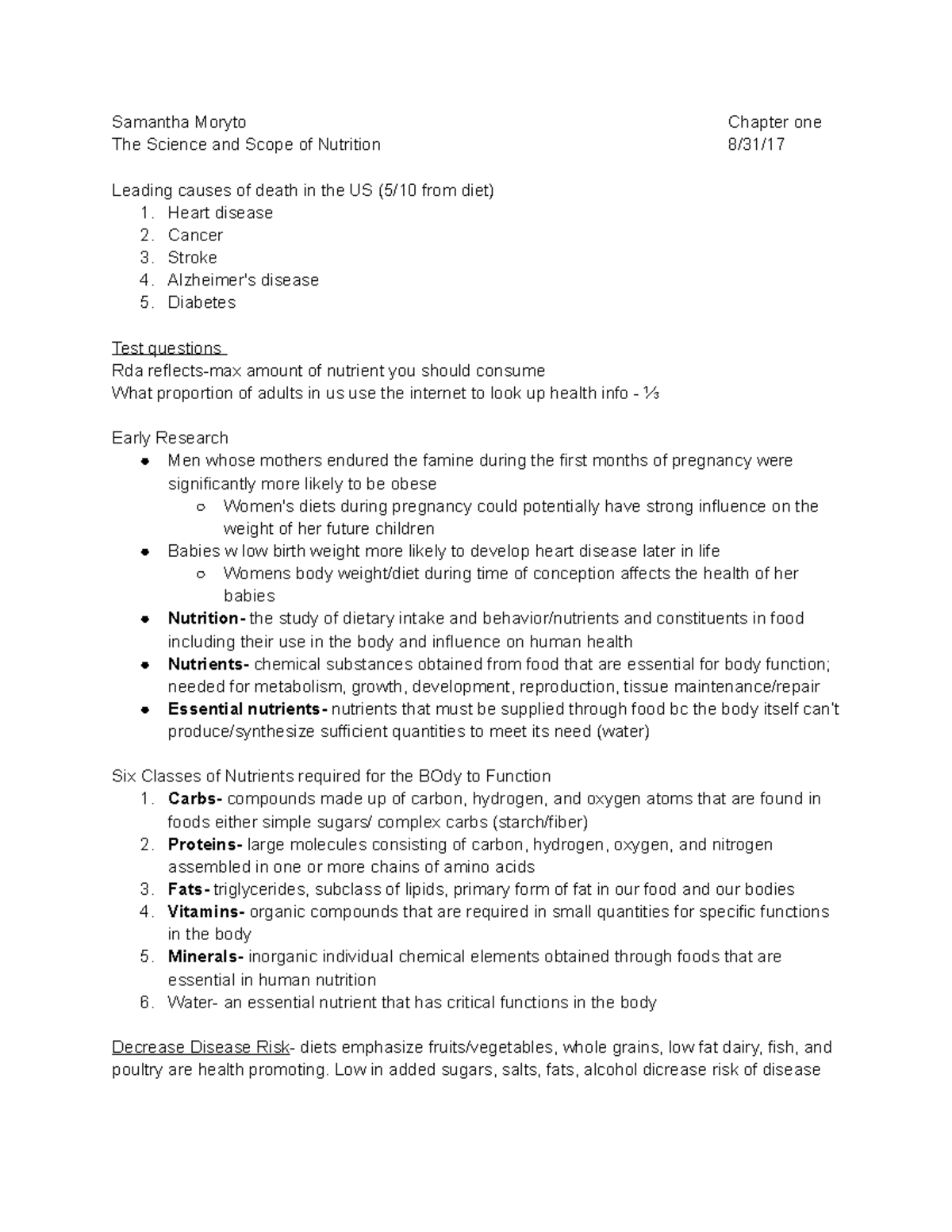 NutritionChapter 1-4 outline - Samantha Moryto The Science and Scope of ...