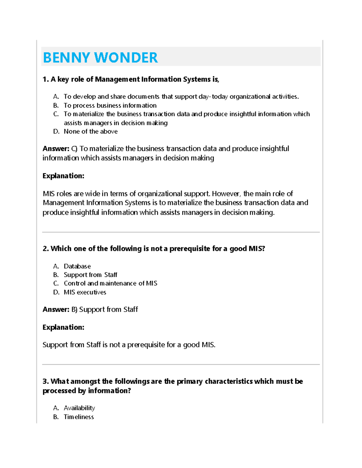 Benny Wonder ...MIS - Practice questions for Management Information ...