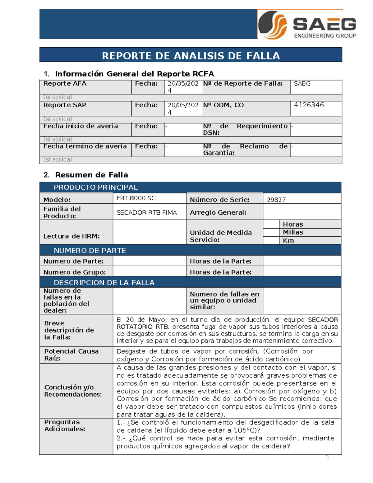 Analisis Falla - Secador Rotatubo 2 - REPORTE DE ANALISIS DE FALLA 1. Información General del ...