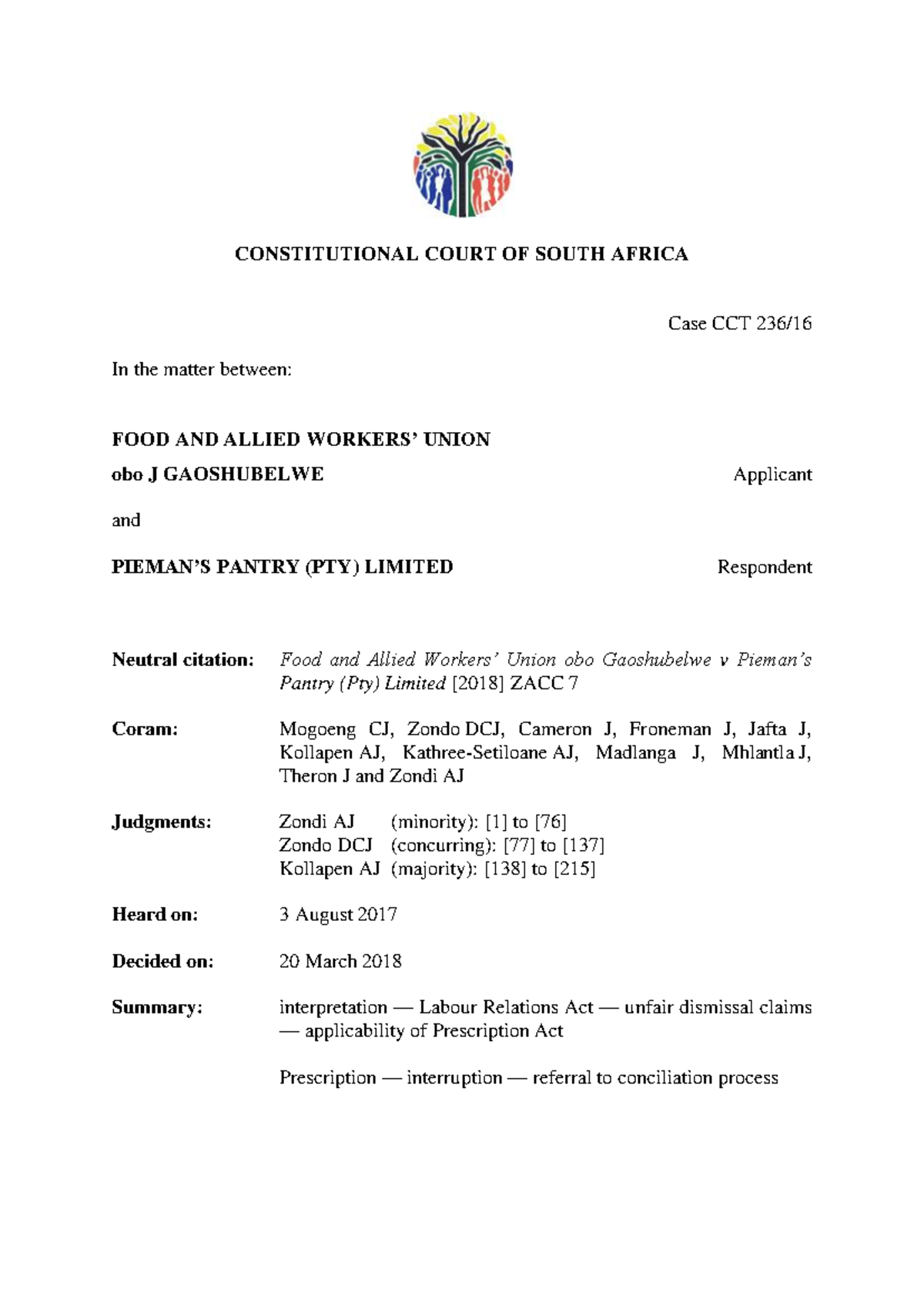 FAWU CC case judgment LRA - CONSTITUTIONAL COURT OF SOUTH AFRICA Case ...