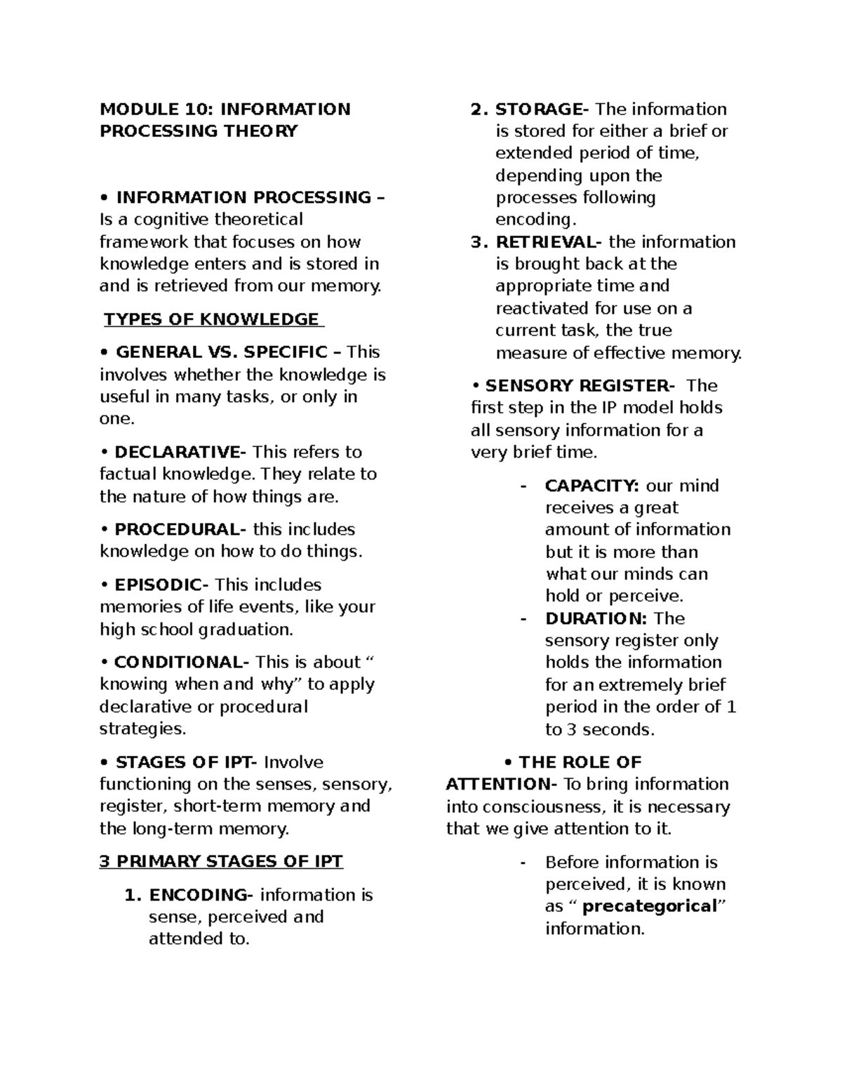 201 reviewer - short review - MODULE 10: INFORMATION PROCESSING THEORY • INFORMATION PROCESSING ...