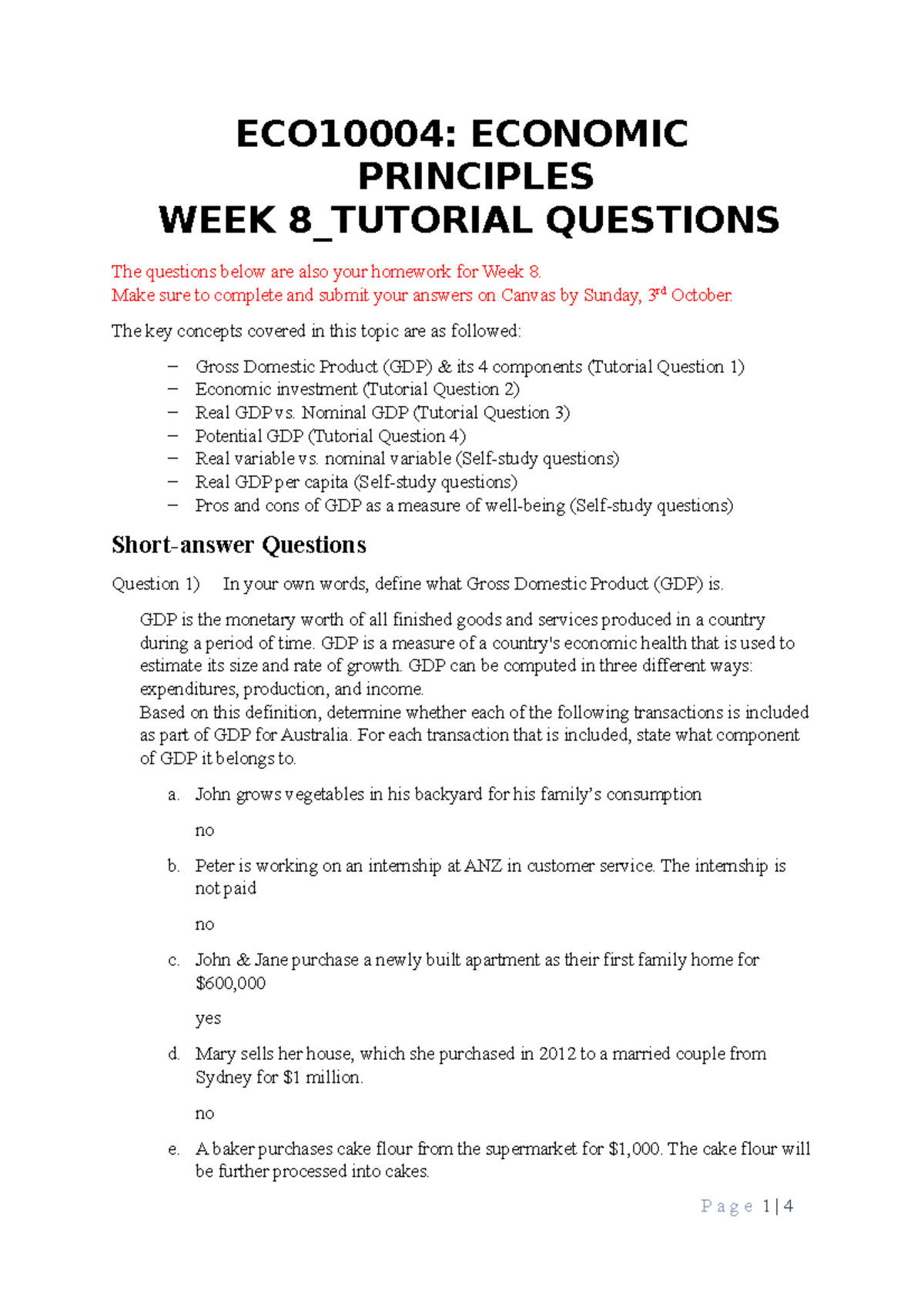 Week 8 Tutorial Questions - ECO10004 - Swinburne - Studocu