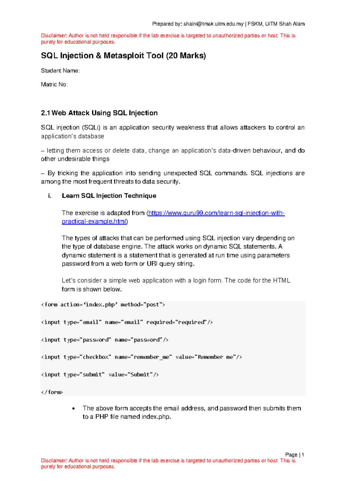 Lab3-SQL Injection Metasploit - Disclaimer: Author is not held responsible if the lab exercise ...