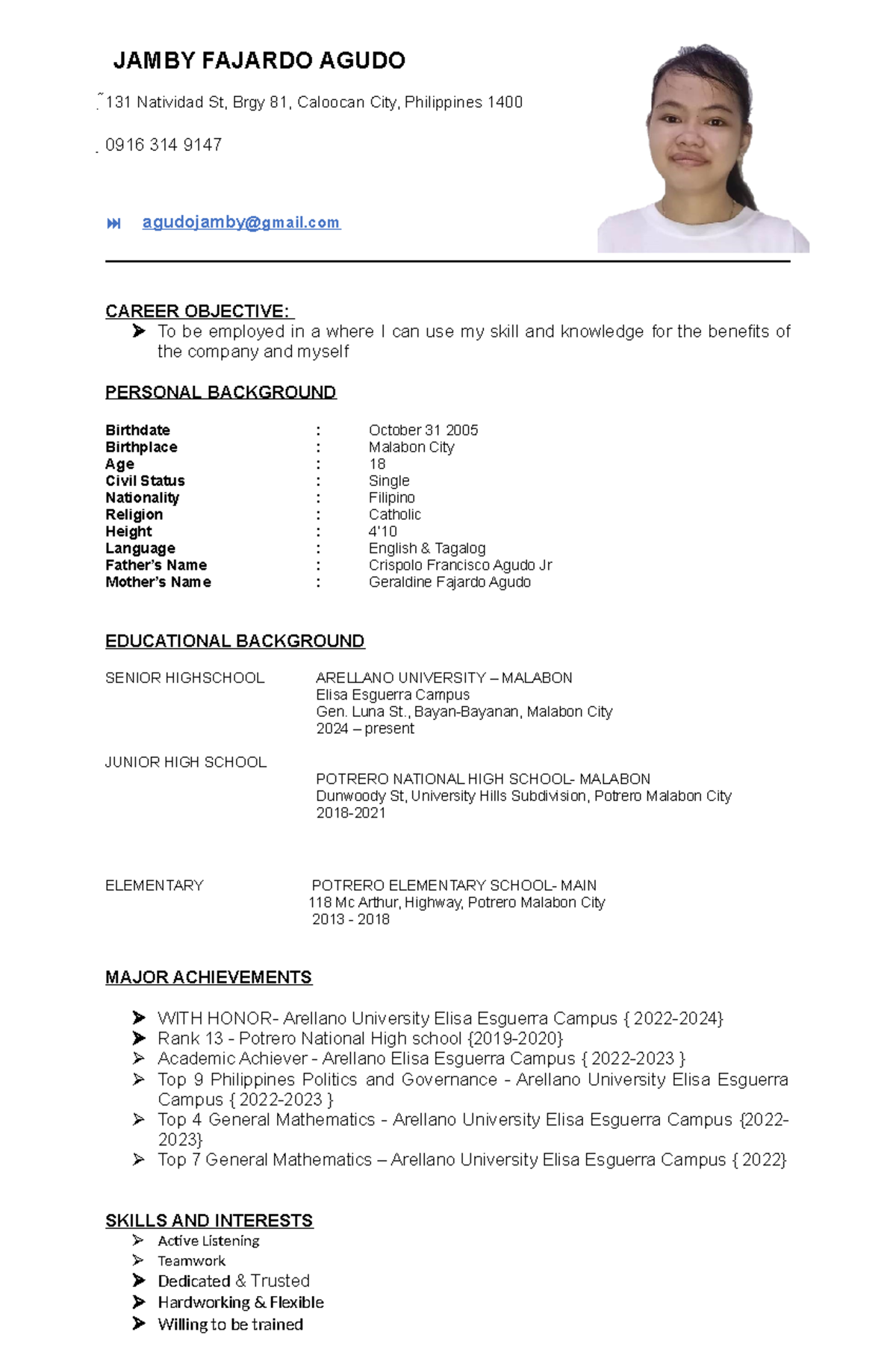 Jamby- Resume-2024 - Gusto ko malaman iba't iba history - JAMBY FAJARDO AGUDO 131 Natividad St ...