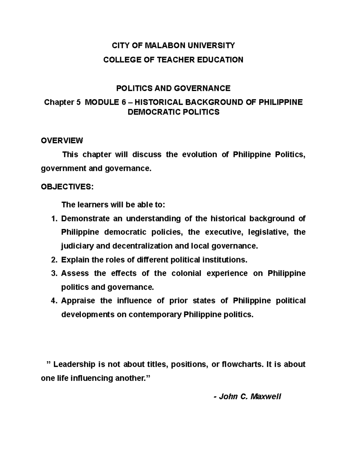CMU Module 6 Polgov CHAP 5 - CITY OF MALABON UNIVERSITY COLLEGE OF ...