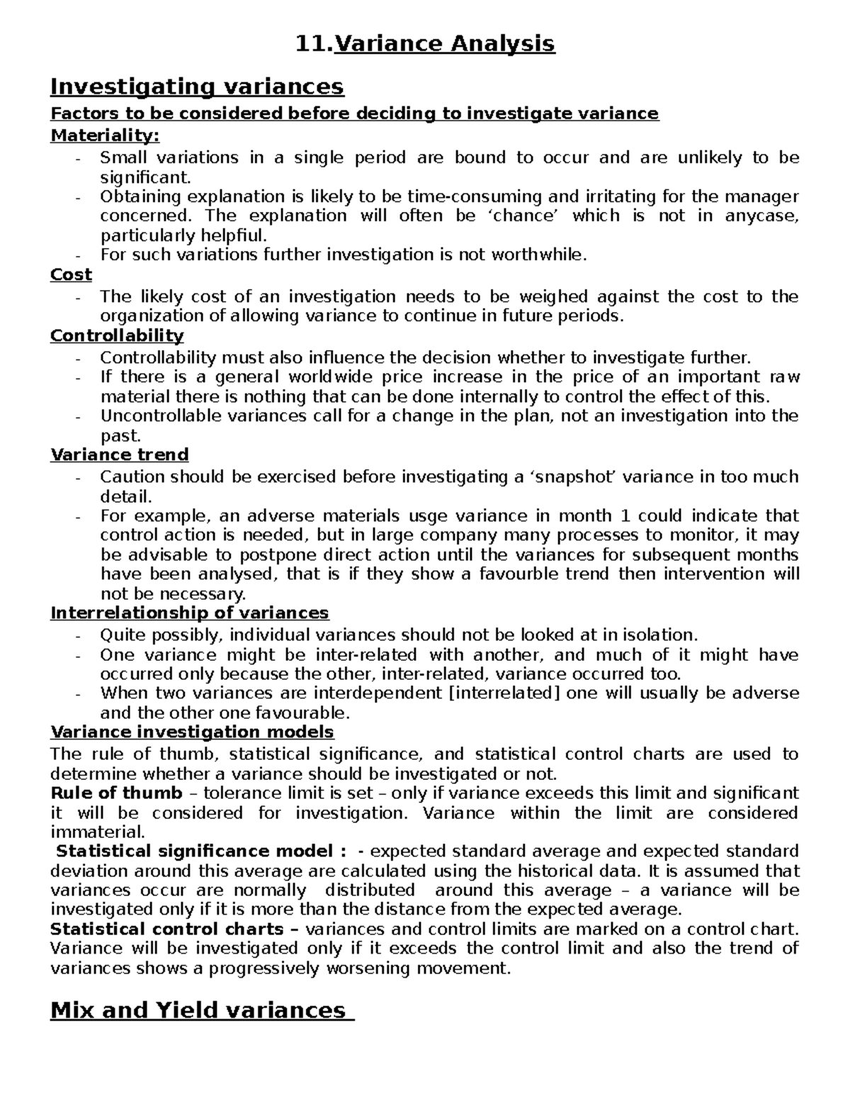 11. variance analysis - MBAG 305 - 11 Analysis Investigating variances ...