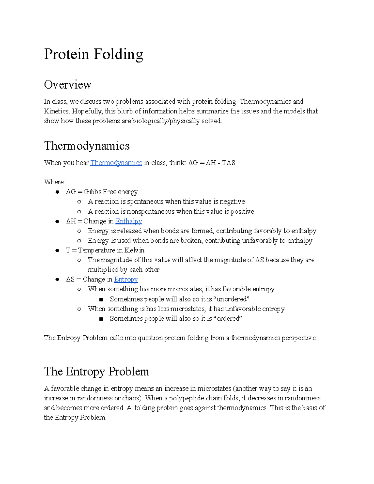 Protein Folding - notes - Protein Folding Overview In class, we discuss ...