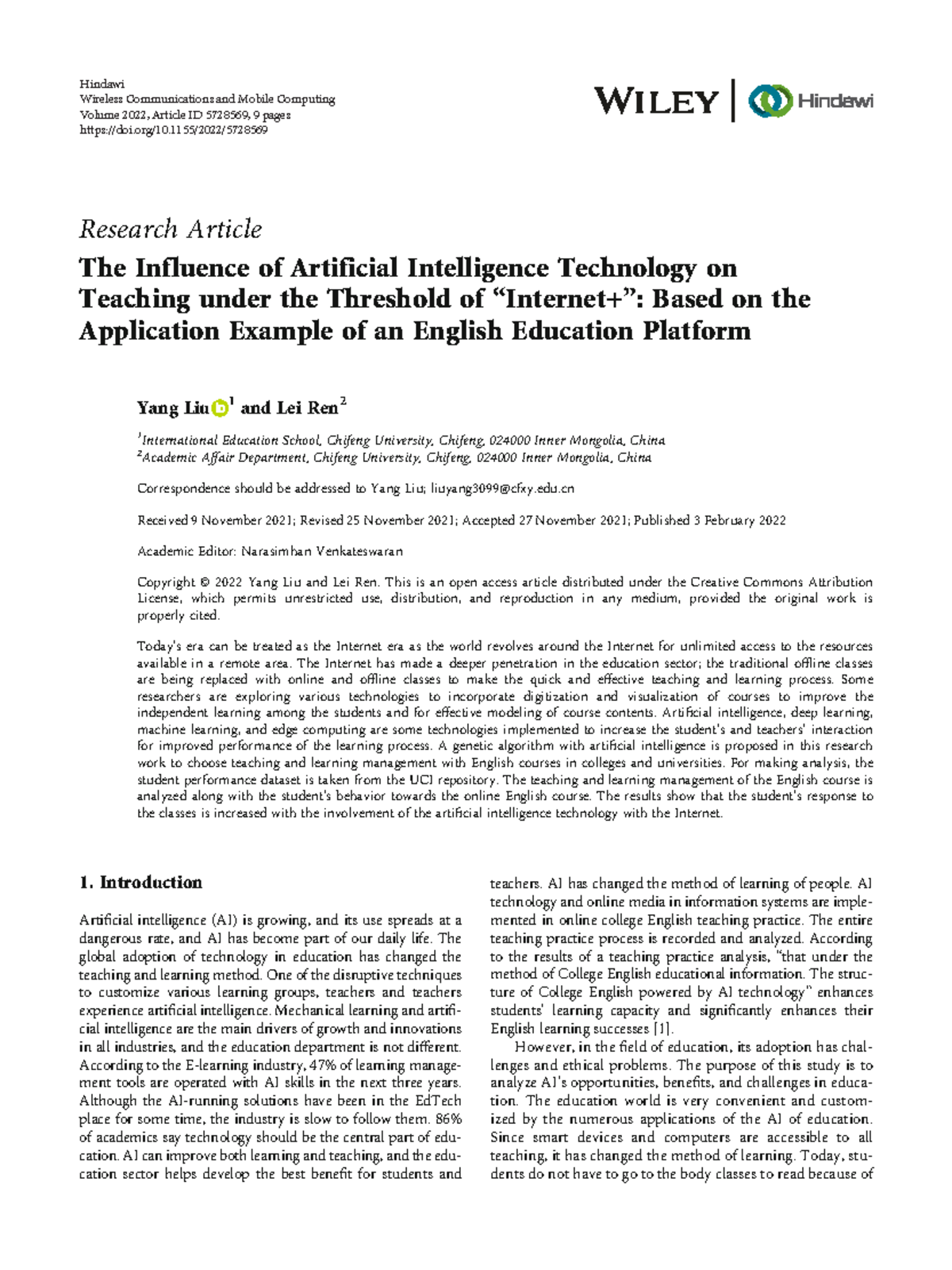 Ai in Education - additional info - Research Article The Influence of ...
