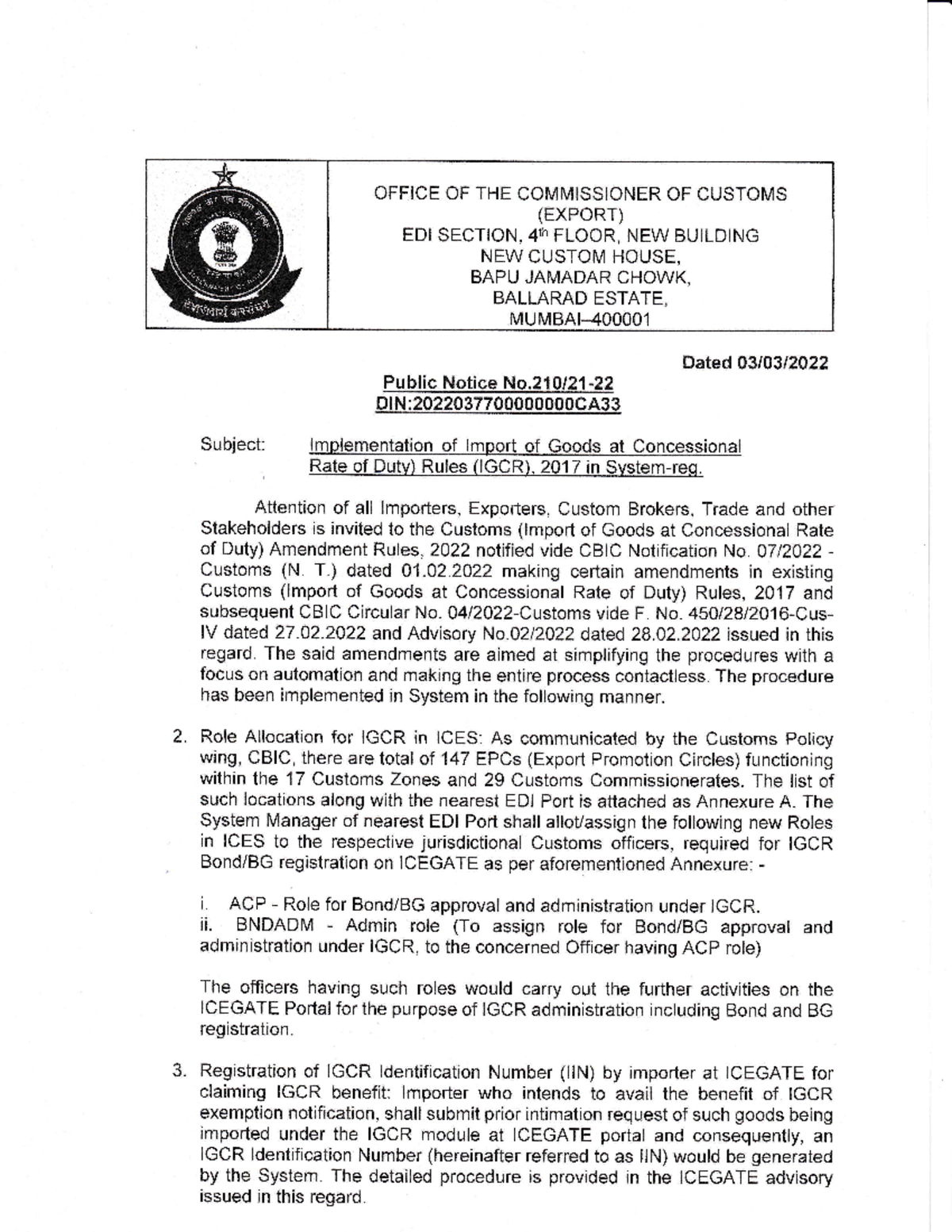 Implementation of IGCR 2017 - OFFICE OF THE COIVIMISSIONER OF CUSTOMS ...