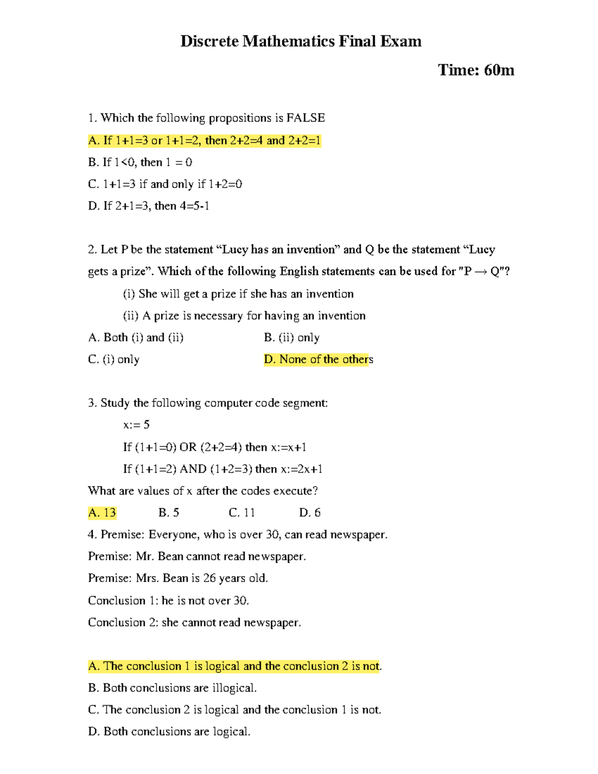 Su21mad - MAD101 50 Quizs for FE - Discrete Mathematics Final Exam Time: 60m Which the following ...