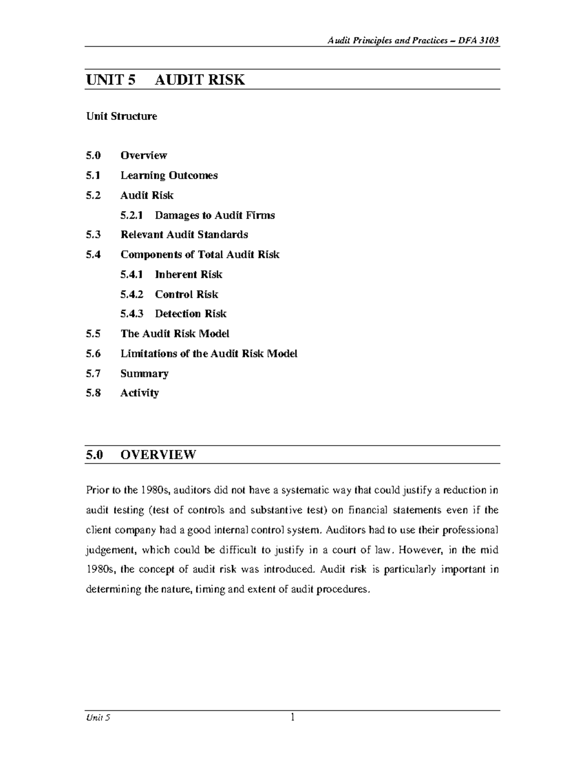 4 Audit Risk.pdf - UNIT 5 AUDIT RISK Unit Structure 5 Overview 5 ...