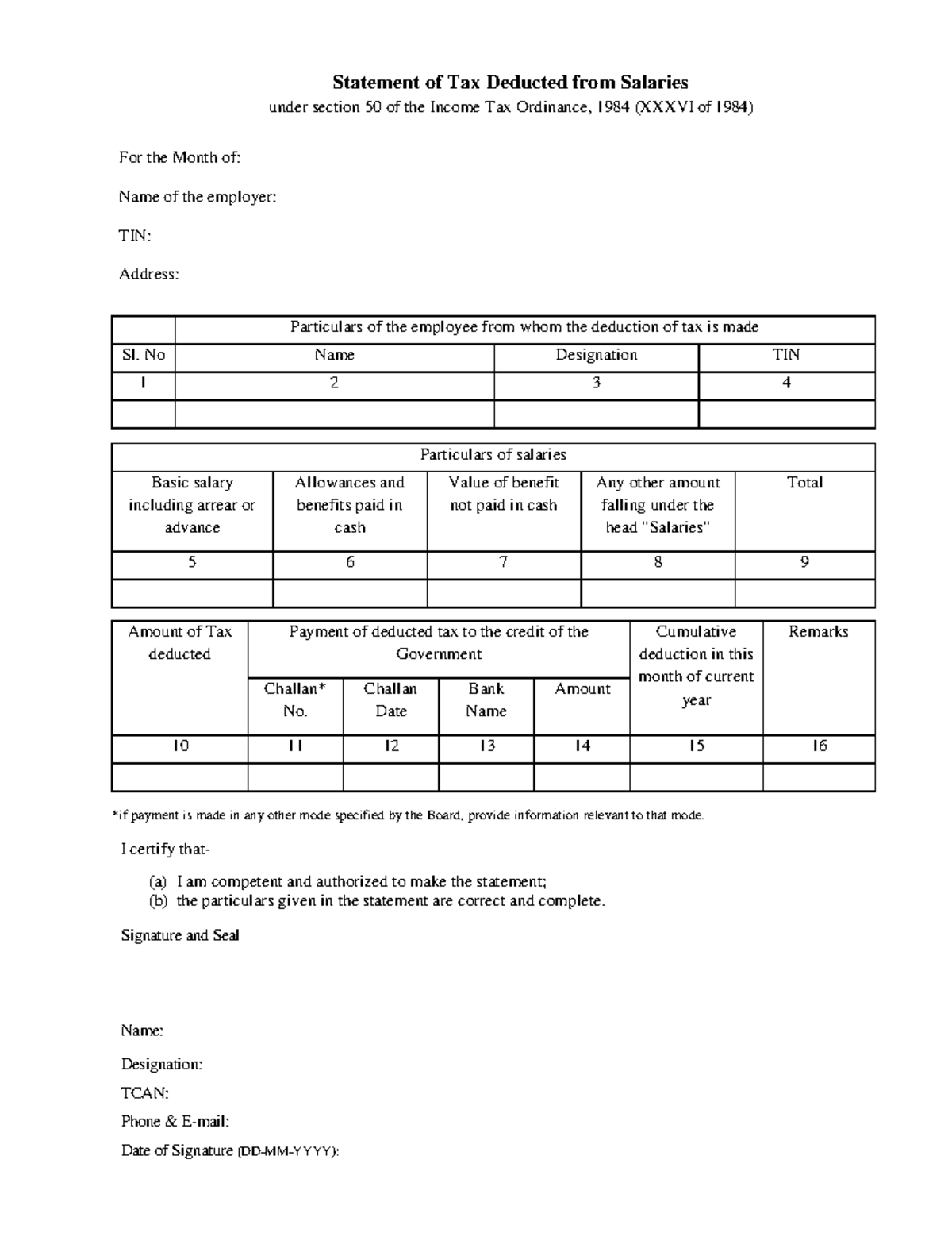 Statement of Tax Deducted from Salaries - No Name Designation TIN 1 2 3 ...