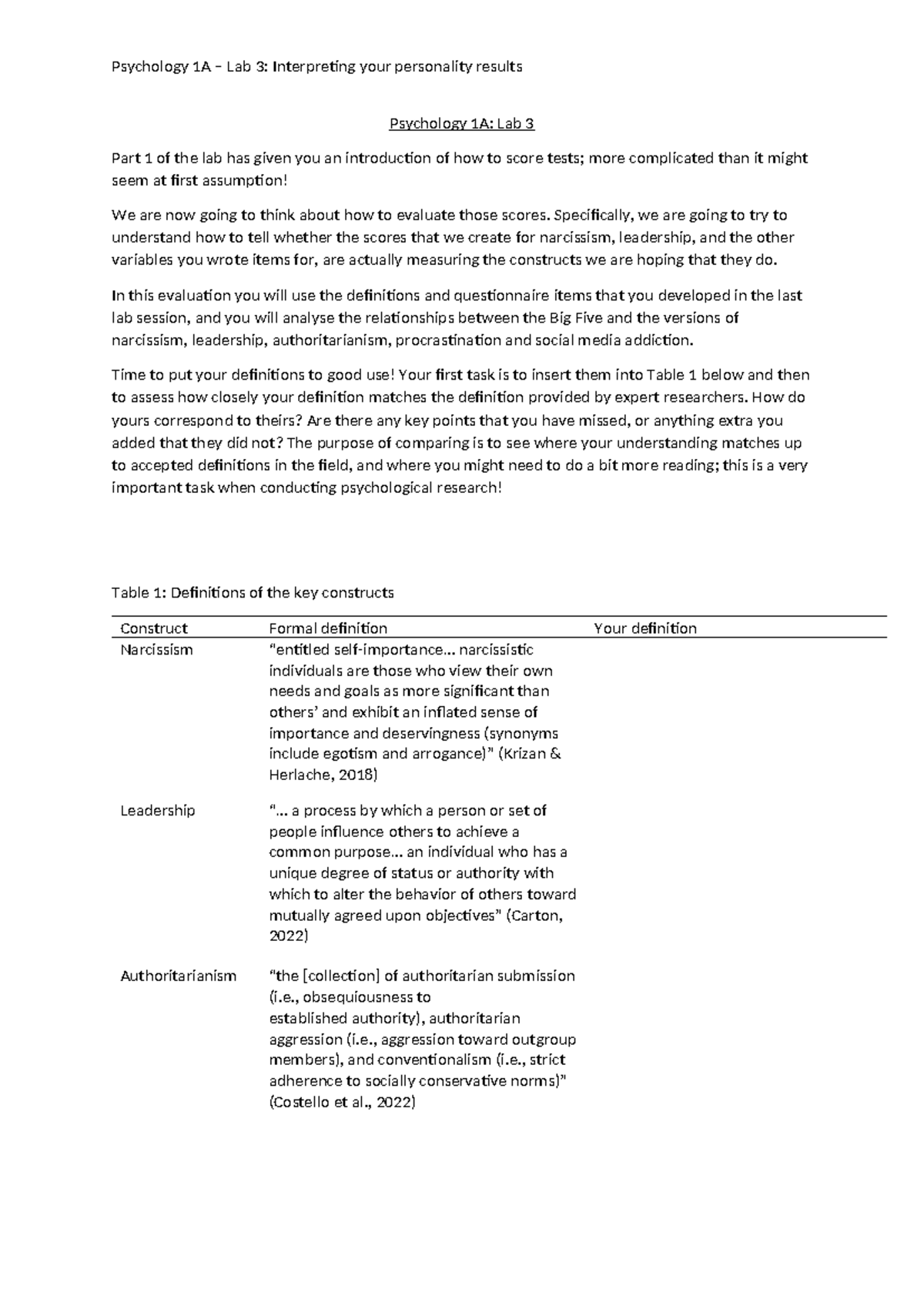 Worksheet 2 - interpreting results (lab3) - Psychology 1A: Lab 3 Part 1 of the lab has given you ...