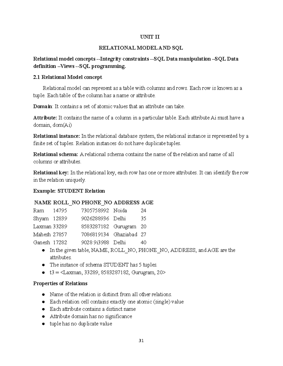 Dsdm U2 Data Structures And Data Modelling Lecture Notes Unit Ii Relational Model And Sql