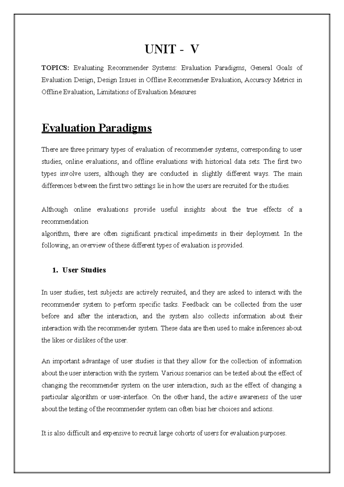 UNIT V RS - Nothing - UNIT - V TOPICS: Evaluating Recommender Systems: Evaluation Paradigms ...