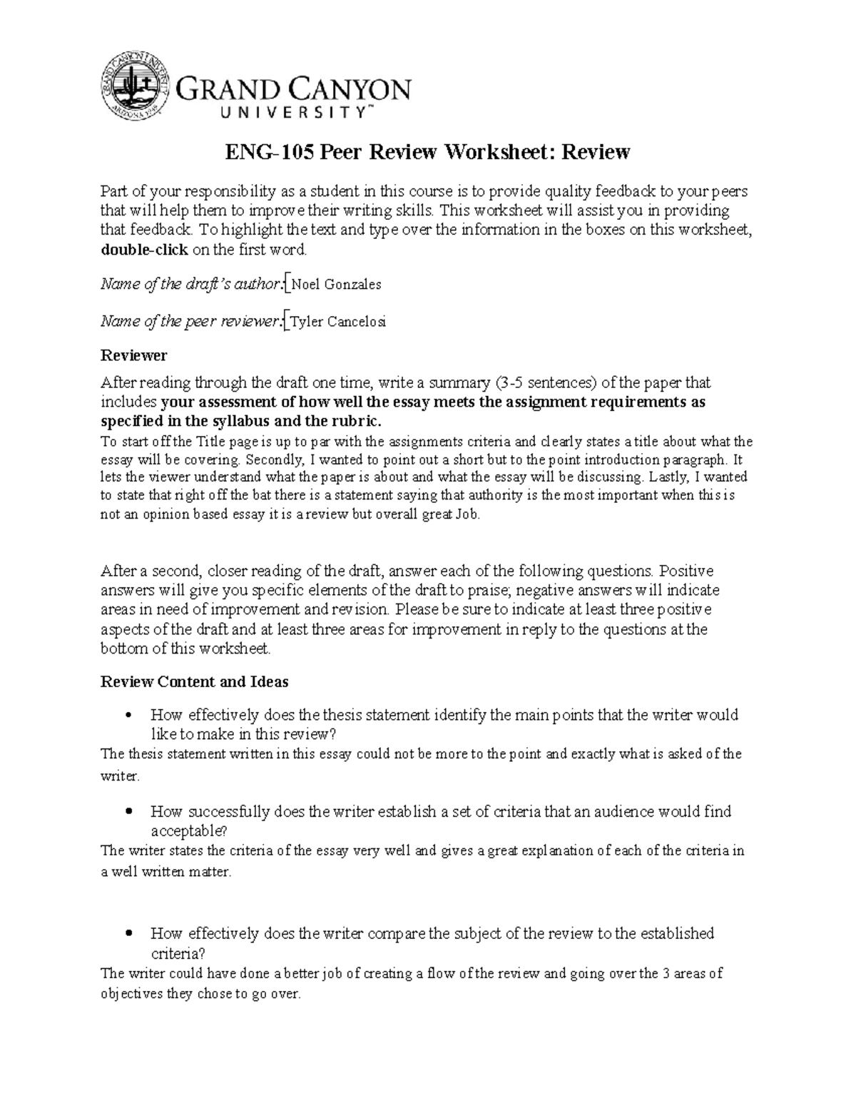 Peer review - Assigment notes - ENG-105 Peer Review Worksheet: Review ...
