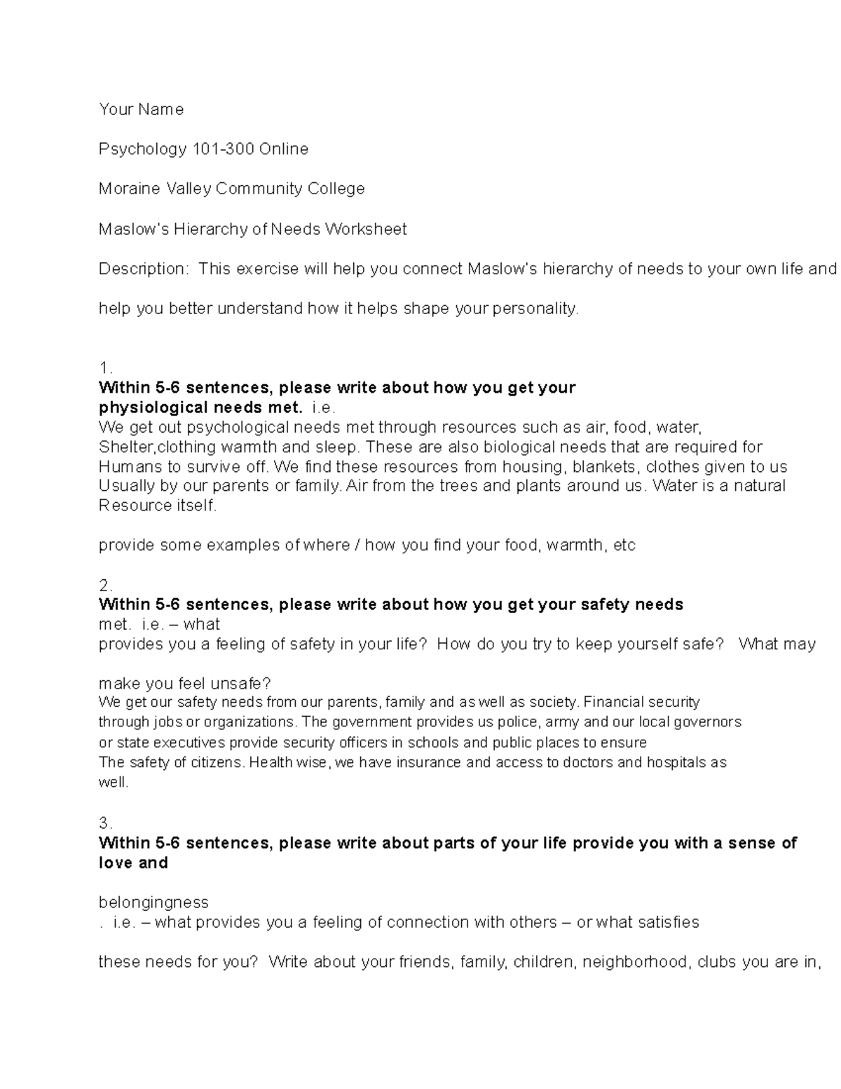 Maslow Hierarchy of Needs Worksheet - PSY-101 - Moraine Valley - Studocu