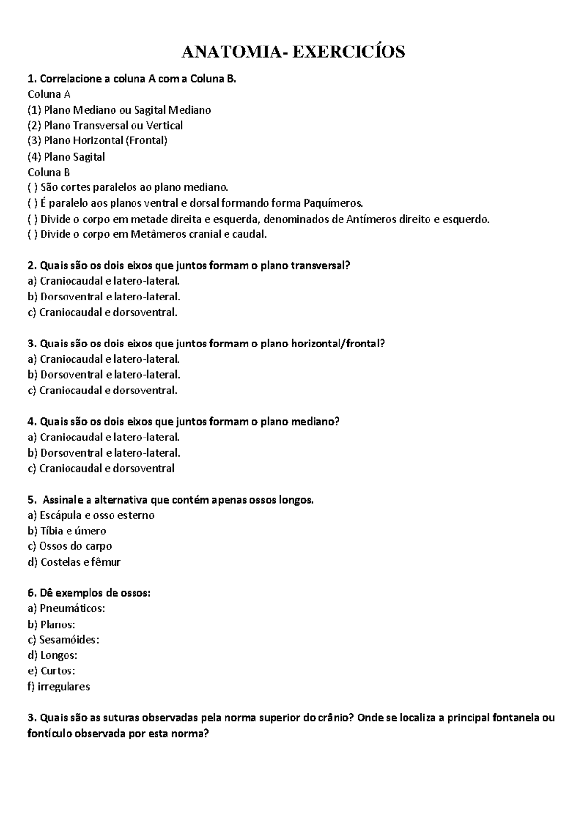 Anatomia Anatomia ExercicÍos Correlacione A Coluna A Com A Coluna B
