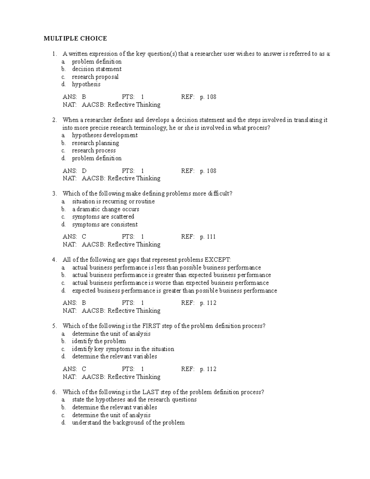 Chapter 6—Problem Definition The Foundation of Business Research-MCQ - MULTIPLE CHOICE A written ...