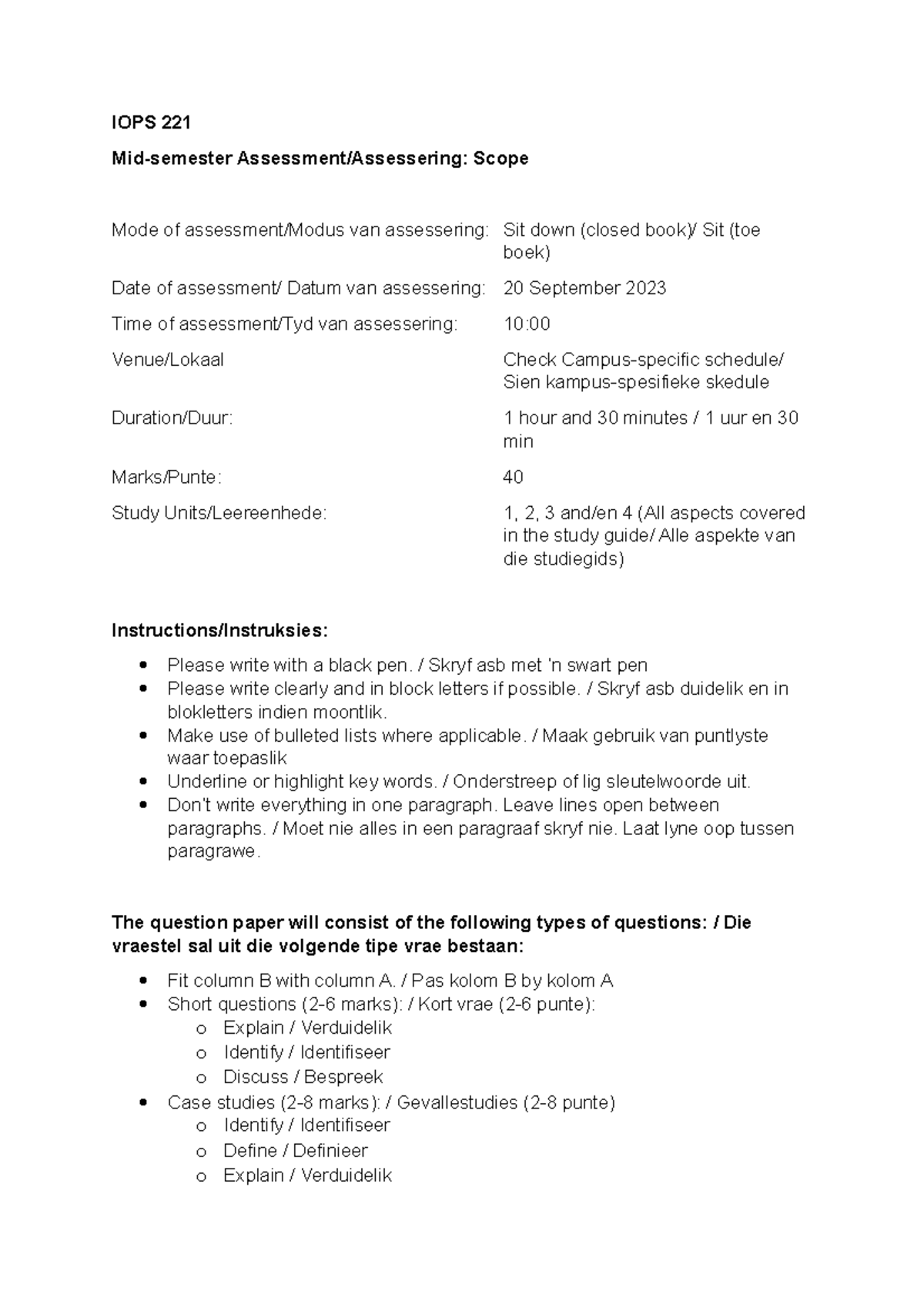 Scope English and Afrikaans - IOPS 221 Mid-semester Assessment ...