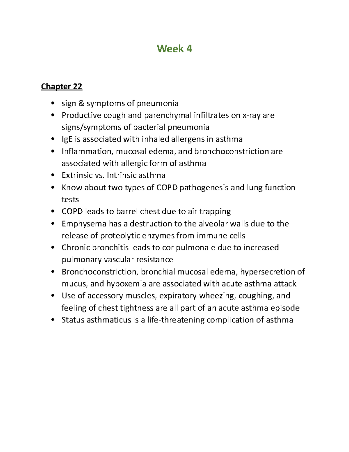 Week 4 Study Guide - Week 4 Chapter 22 sign & symptoms of pneumonia ...