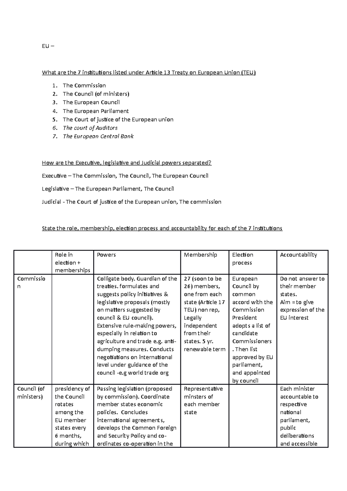 EU notes - structure - EU – What are the 7 institutions listed under ...
